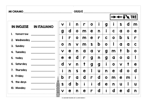 ITALIAN DAYS OF THE WEEK WORD SEARCHES | Teaching Resources
