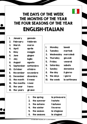ITALIAN DAYS MONTHS SEASONS LIST FREEBIE | Teaching Resources