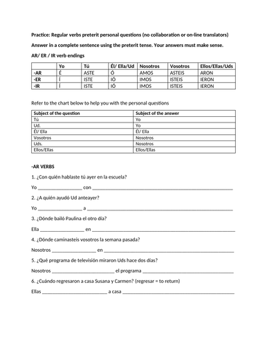 Ar er ir verbs preterit personal questions | Teaching Resources