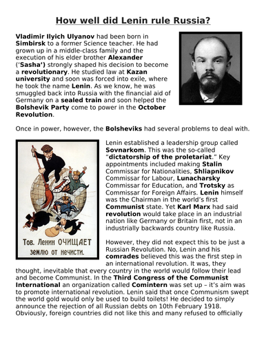 How well did Lenin rule Russia? | Teaching Resources