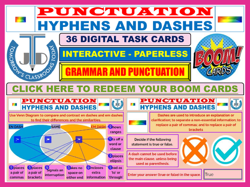 HYPHENS AND DASHES - PUNCTUATION: 36 BOOM CARDS | Teaching Resources