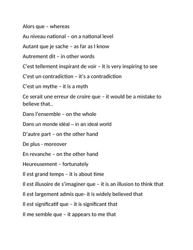 GCSE French oral examination revision aid - phrases and sentences ...