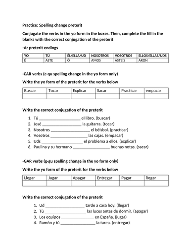 Preterit spelling change worksheet | Teaching Resources