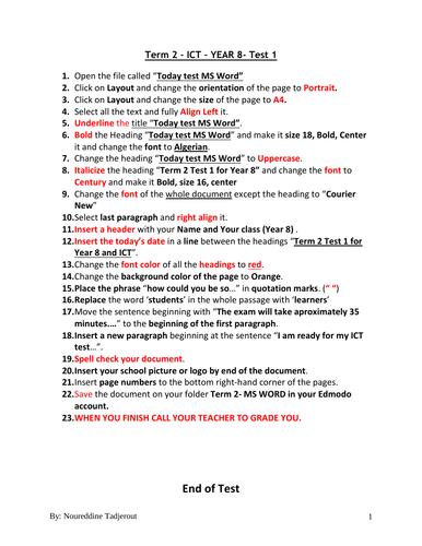 ICT Test for Year 8 and 9 MS Word and MS PowerPoint | Teaching Resources