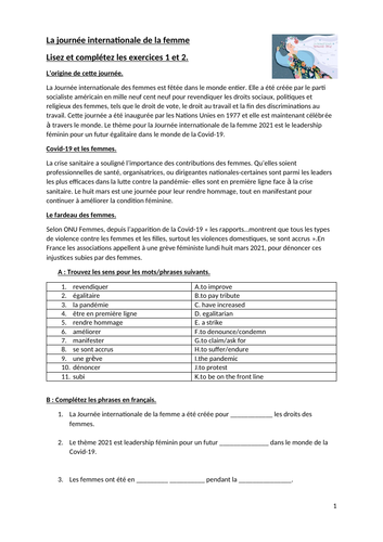 International Women's Day 2021 French A level. | Teaching Resources
