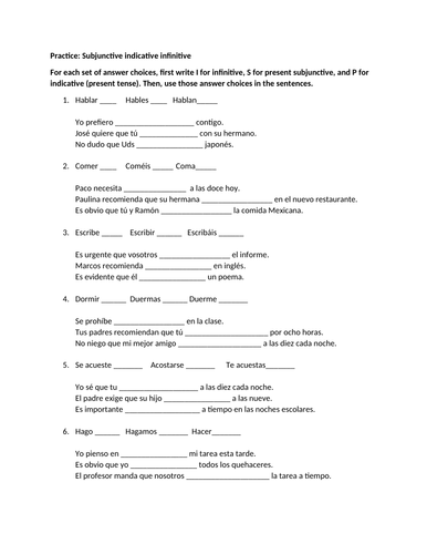 Practice subjunctive v indicative infinitive | Teaching Resources