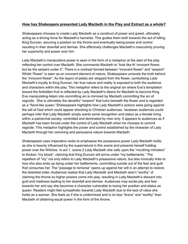 How has Shakespeare presented Lady Macbeth in the Play and Extract as a ...