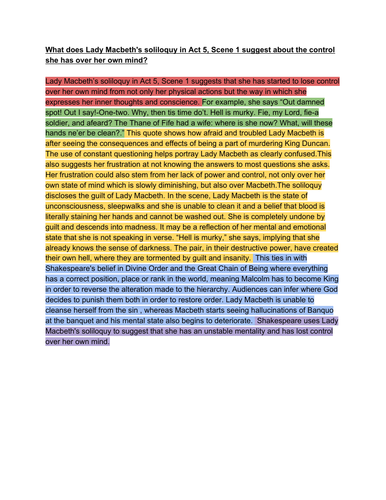 What does Lady Macbeth's soliloquy in Act 5, Scene 1 suggest about her ...