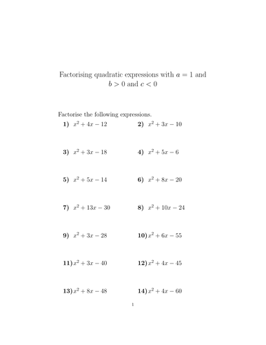 Factorising quadratic expressions with a=1, b less than 0 and c greater ...