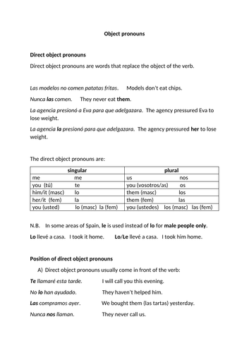 Object pronouns in Spanish | Teaching Resources