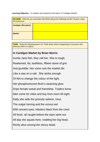 In Cardigan Market Welsh Poetry | Teaching Resources