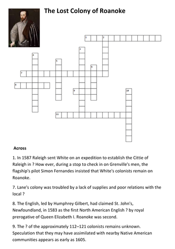 The Lost Colony of Roanoke Crossword | Teaching Resources