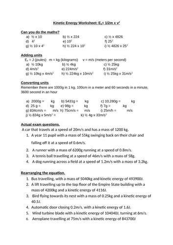 Kinetic energy equation scaffolded worksheet differentiated | Teaching ...