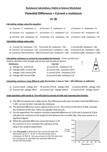 V=IR resistance voltage current equation scaffolded worksheet ...