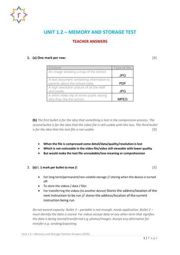 GCSE Computer Science (OCR) - Class Test Unit 1.2 Memory and Storage ...
