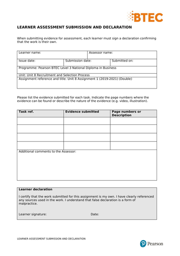BTEC Level 3 Business Unit 8: Recruitment and Selection Process ...