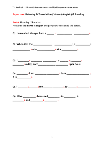GCSE Mandarin Test- Topic 3-Jobs- for listening, reading, translation ...