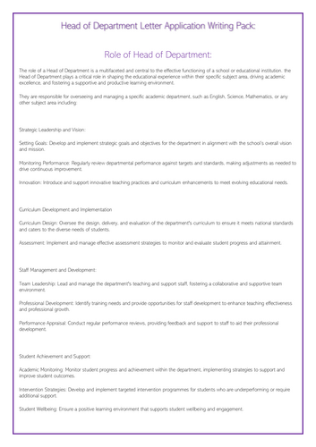 Head of Department Application Letter Writing Pack | Head of Curriculum ...