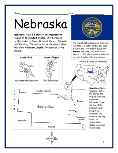 NEBRASKA - Introductory Geography Worksheet with map and flag ...