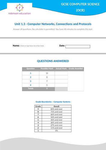 GCSE Computer Science (OCR) - Class Test Unit 1.3 Computer Networks ... GCSE Computer Science (OCR) - Class Test Unit 1.3 Computer Networks ...
