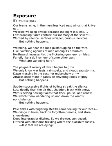 GCSE WAR POEM A*'Exposure' Wilfred Owen - text and a critical analysis ...