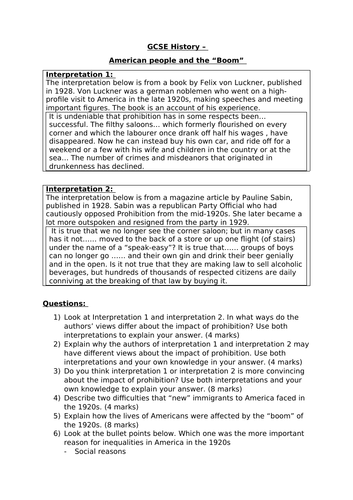 GCSE HISTORY - AMERICAN PEOPLE AND THE BOOM | Teaching Resources