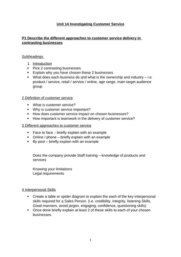Btec Business Level 3 Unit 14 Investigating Customer Service Teaching Resources