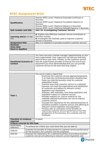 BTEC Business Level 3 - Unit 14 - Investigating Customer Service | Teaching Resources