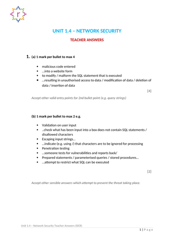 GCSE Computer Science (OCR) - Class Test Unit 1.4 Network Security ... GCSE Computer Science (OCR) - Class Test Unit 1.4 Network Security ...