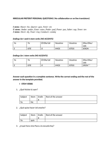 Irregular preterit practice questions | Teaching Resources