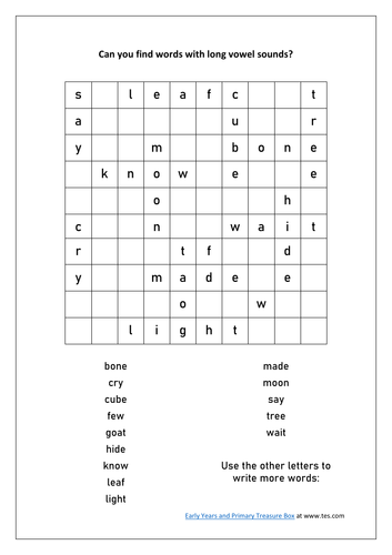 Year 1 phonics word search long vowel phonemes 5 – 6 years | Teaching ...