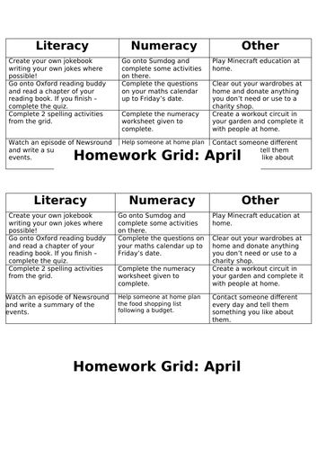 Homework Grids Full Year | Teaching Resources