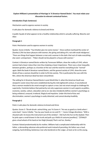 A Streetcar Named Desire ESSAY PLANS A Level English Literature (Themes ...