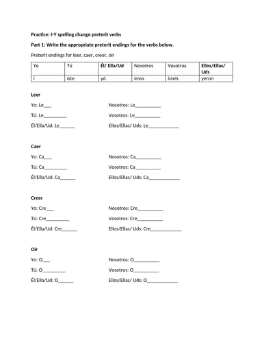 Preterit i-y spelling change conjugation practice and sentences ...