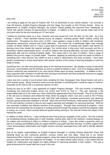 Successful KS2 teacher with English TLR job application - cover letter | Teaching Resources