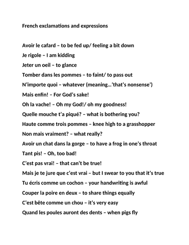 French expressions and exclamations including idomatic sayings ...