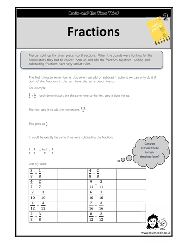 Fractions Worksheets for Rosie and the Time Thief | Teaching Resources