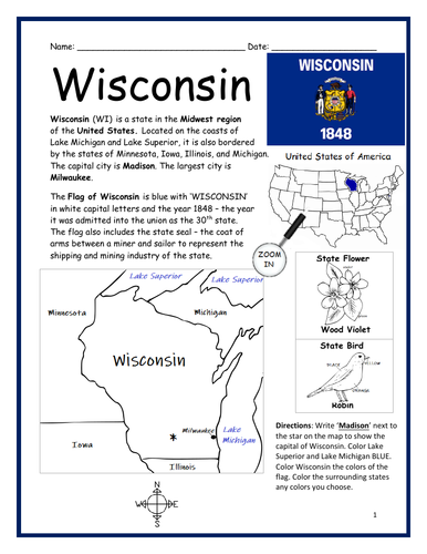 WISCONSIN - Introductory Geography Worksheet | Teaching Resources