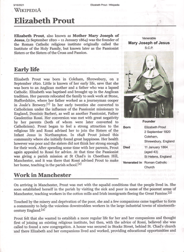 Elizabeth Prout, Mother Mary Joseph of Jesus | Teaching Resources