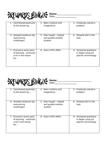 Rewards bingo reward behaviour strategy - can be adapted to any subject ...