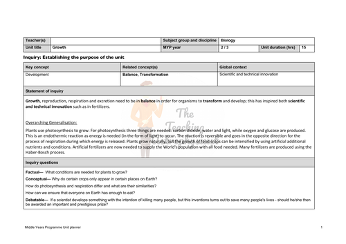 IB MYP Unit Planner - Growth - MYP 2 & 3 | Teaching Resources
