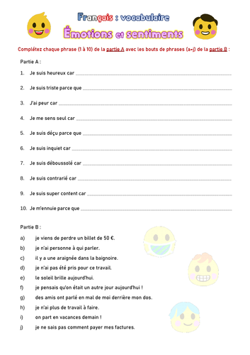 [French] Exercice sur les émotions et sentiments (emotions & feelings ...