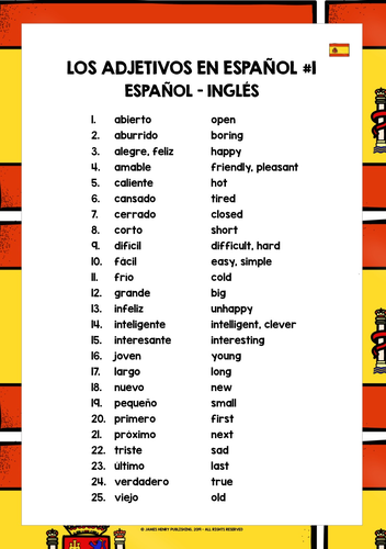 SPANISH ADJECTIVES LIST FREEBIE #1 | Teaching Resources