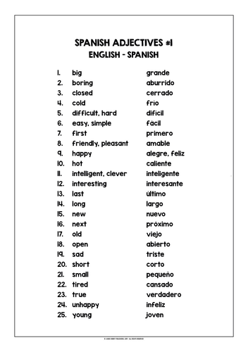 SPANISH ADJECTIVES LIST FREEBIE #1 | Teaching Resources