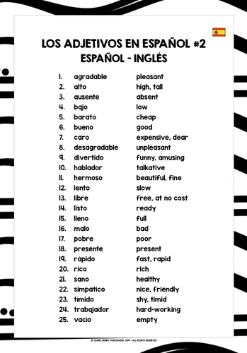 SPANISH ADJECTIVES LIST FREEBIE #2 | Teaching Resources