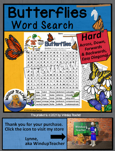 Butterflies Word Search | Hard | Teaching Resources