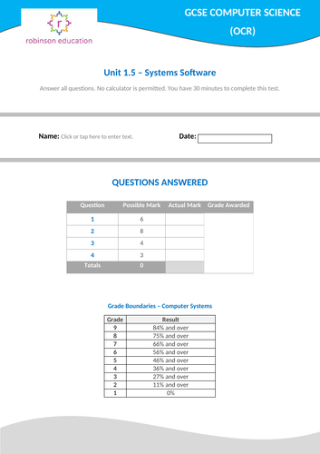GCSE Computer Science (OCR) - Class Test Unit 1.5 Systems Software ...