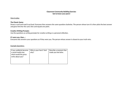 50 Questions to really get to know your classmates | Teaching Resources