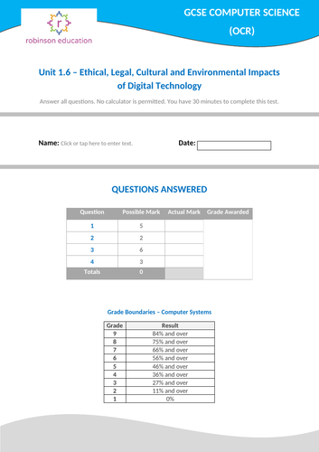 GCSE Computer Science (OCR) - Class Test Unit 1.6 Ethical, Legal ...