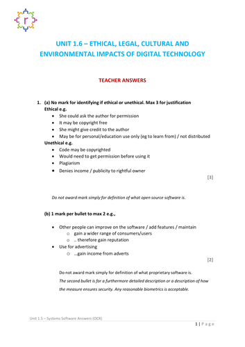 GCSE Computer Science (OCR) - Class Test Unit 1.6 Ethical, Legal ... GCSE Computer Science (OCR) - Class Test Unit 1.6 Ethical, Legal ...